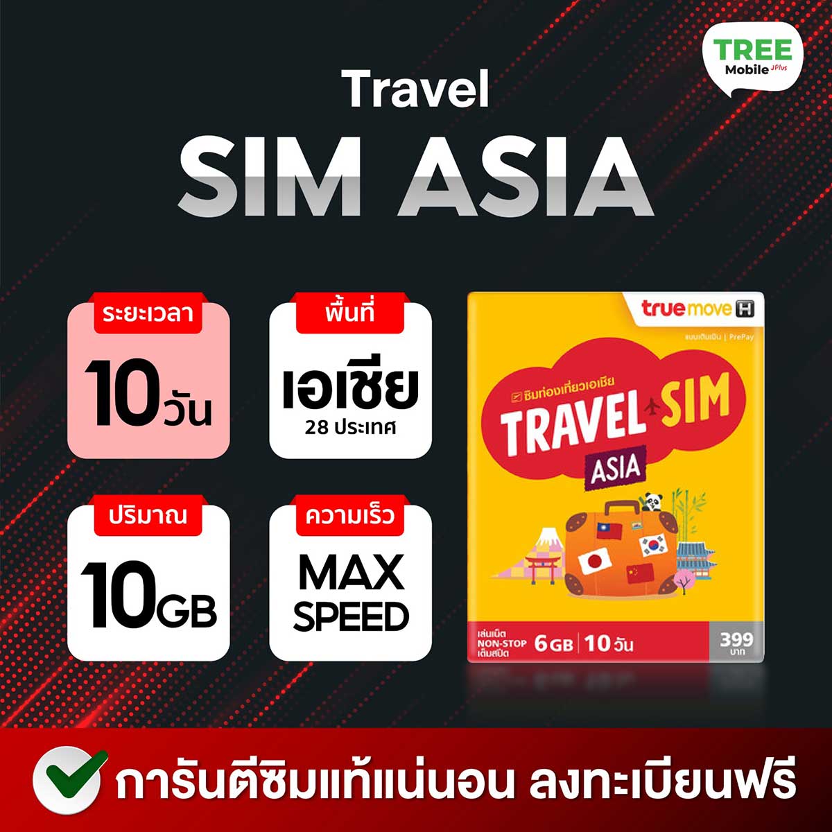 TRAVEL SIM ASIA ซิมท่องเที่ยว เที่ยวต่างประเทศ เที่ยวเอเชีย 6GB 10 Days 28 ประเทศ - Tree Mobile